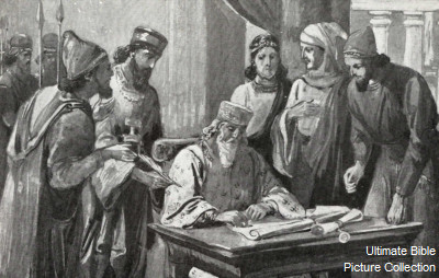Daniel 6 Bible Pictures: Darius signing the decree